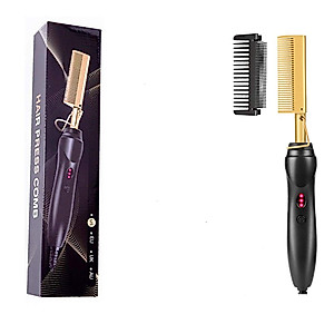 Gold Plated Heated Styling Comb Electric Hot Straightening Heat Pressing Comb Ceramic Curling Flat Iron Curler Designed Hair Straightener Curling Iron for Natural Black Hair,Wigs,Beards (Gold)