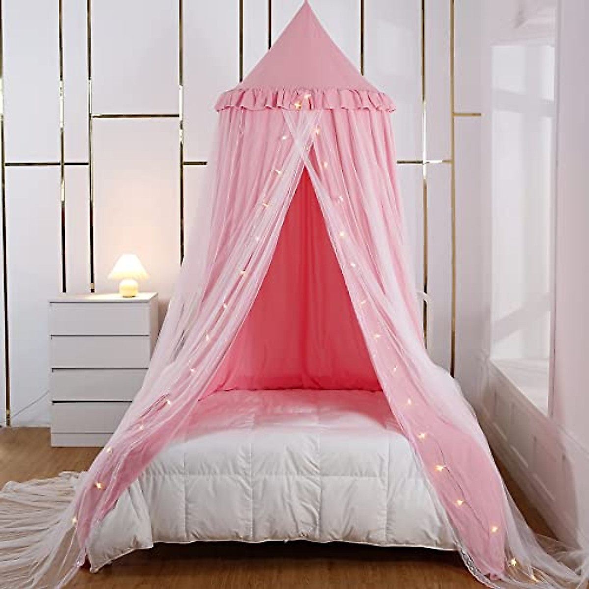 Mengersi Bed Canopy for Girls with Stars String Lights,Double Sheer Mesh Lightproof Canopy Bed Curtains Bed Netting-Extra Large for Twin Full Queen King Bed,Castle Play Tent Hanging House Décor