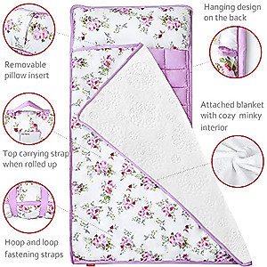 Toddler Nap Mat for Girls Floral, Warm Kids Sleeping Mat with Removable Pillow and Fleece Minky Blanket, Lightweight Perfect for Kids Preschool, Daycare, Travel Sleeping Bag, Fit Standard Cot
