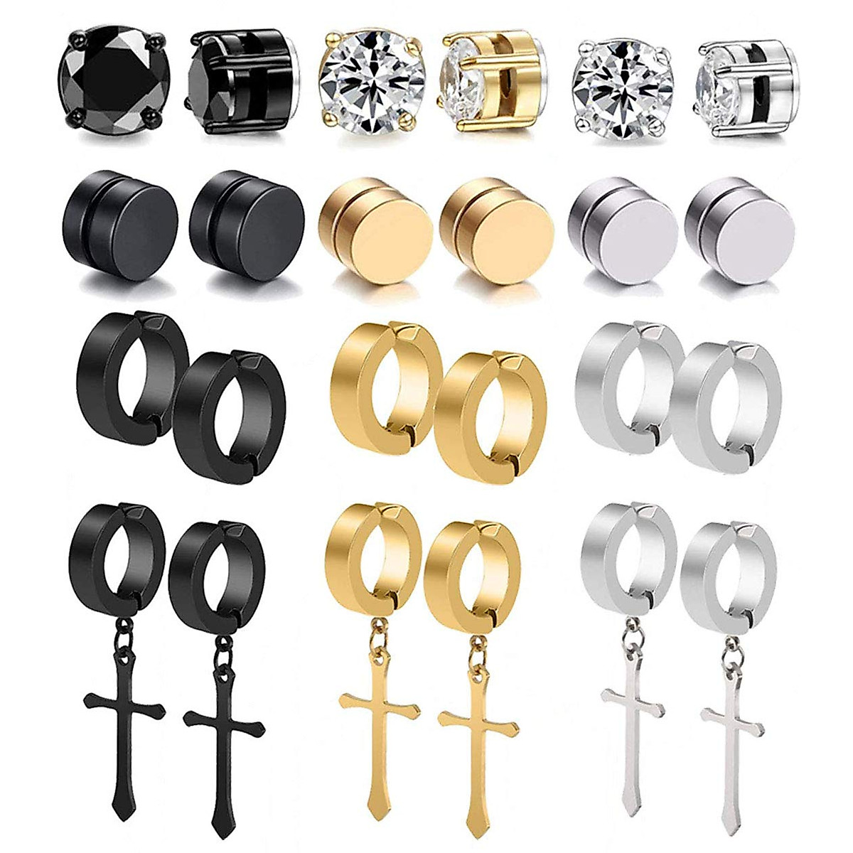 WAINIS 12 Pairs Stainless Steel Non Pierced Magnetic Earrings for Men Women CZ Clip on Dangle Magnet Earrings Set
