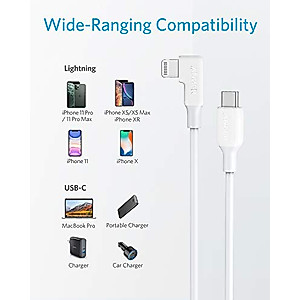 Anker USB-C to 90 Degree Lightning Cable (3 ft), MFi Certified, Supports Power Delivery for iPhone SE / 11 Pro/X/XS/XR / 8 Plus/AirPods Pro, iPad 8, iPod Touch, and More(White)