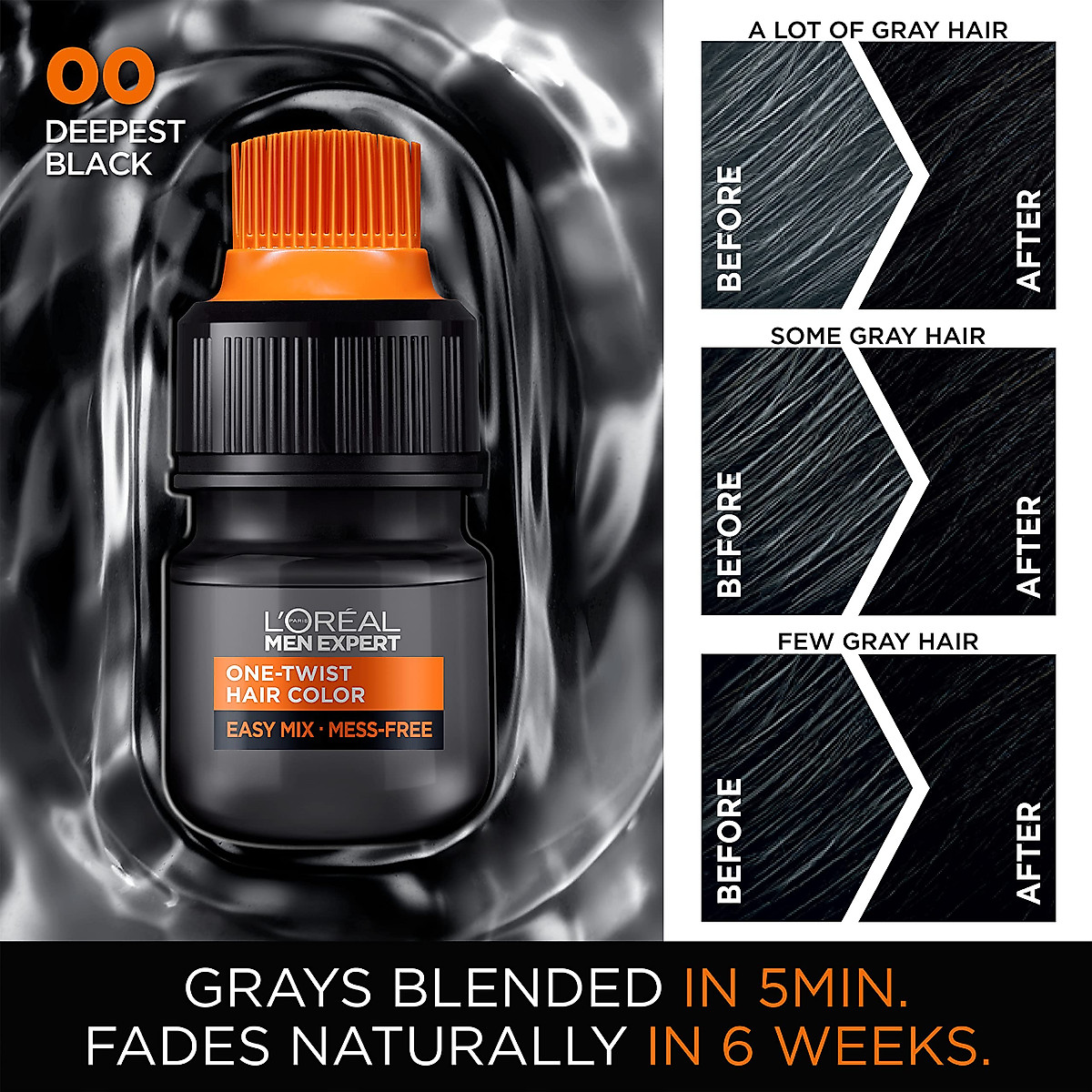 L’Oreal Paris Men Expert One Twist Mess Free Permanent Hair Color, Mens Hair Dye to Cover Grays, Easy Mix Ammonia Free Application, Deepest Black 00, 1 Application Kit