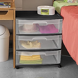 Sterilite 29309001 Wide 3 Drawer Cart, Black Frame with Clear Drawers and Black Casters, 1-Pack