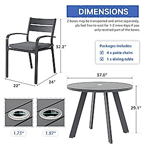 Soleil Jardin 5 Piece Outdoor Dining Set, Aluminum Patio Furniture Dining Set with Round Dining Table w/Umbrella Hole and 4 Stackable Chairs w/Cushions for Yard, Garden, Porch and Pool, Dark Gray