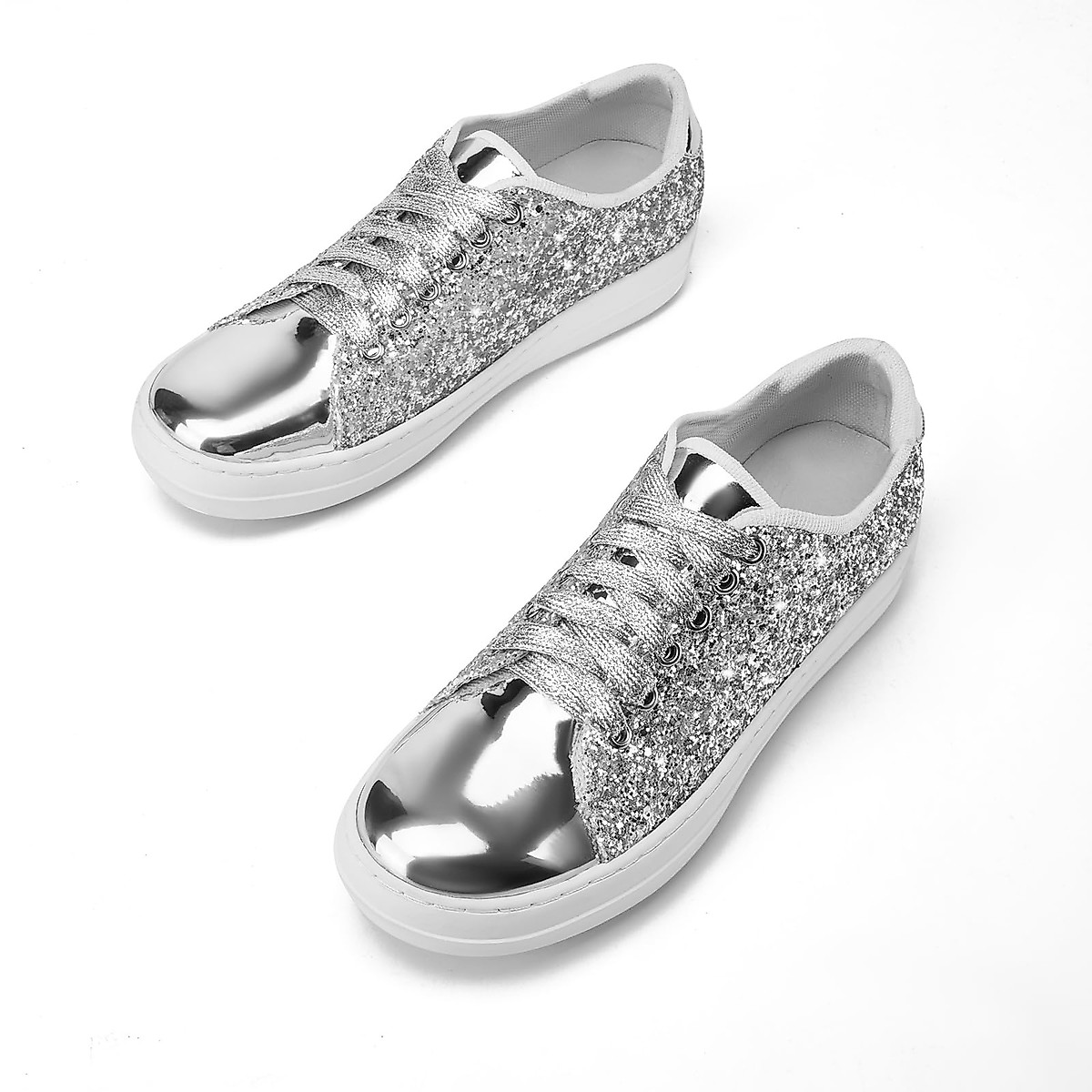 IMPREMEY Women's Glitter Sneakers Lace-Up ，Sparkly Fashion Shoes for Casual Sports Walking Sequin Shoes Silver