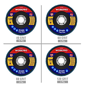 WORKPRO 20-Pack Flap Discs, 4-1/2-inch, Arbor Size 7/8-inch, T29 Zirconia Abrasive Grinding Wheel and Flap Sanding Disc, Includes 40/60/80/120 Grits