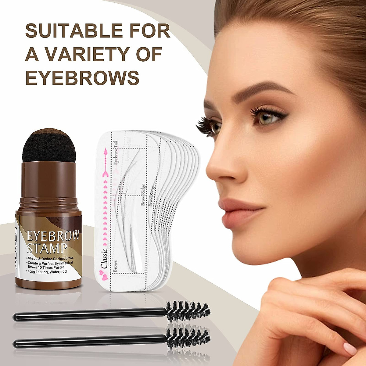 Eyebrow Definer Powder Stamp Makeup with 10 Reusable Stencils Long Lasting Waterproof for Perfect Brow (Dark Brown)