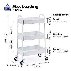 TOOLF 3 Tier Rolling Cart, No Screw Metal Utility Cart, Easy Assemble Utility Serving Cart, Sturdy Storage Trolley with Handles, Locking Wheels, for Classroom Office Home Bedroom Bathroom, White