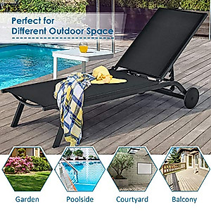 Tangkula Outdoor Aluminum Chaise Lounge, Patio Lounge Recliner Chair w/6 Adjustable Backrest, Reclining Chaise Chair with Wheels for Beach, Yard, Balcony, Poolside (2, Black)