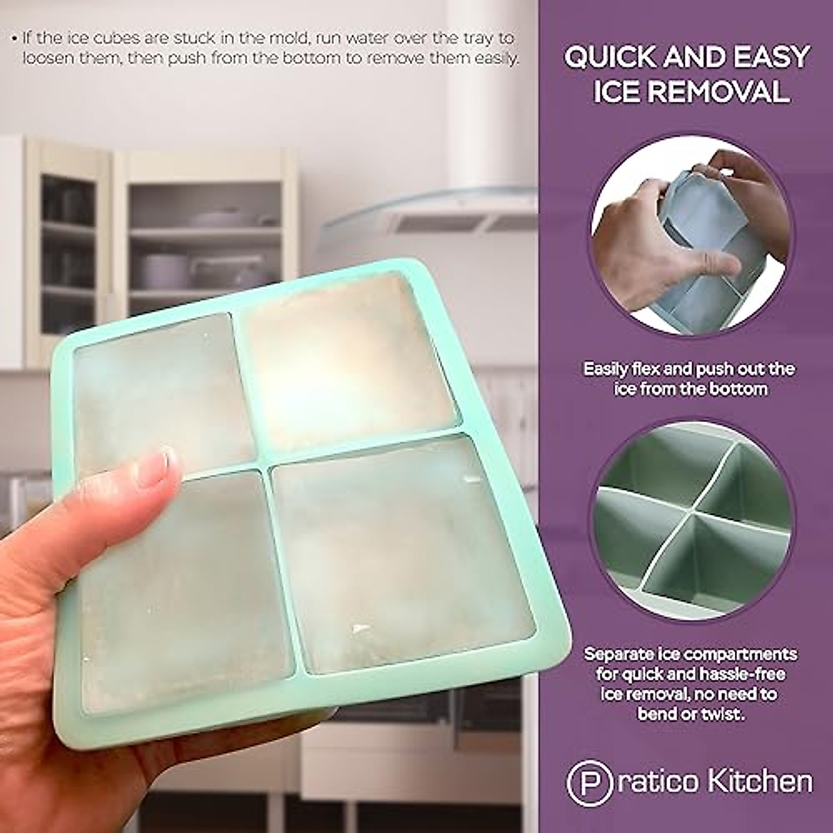 Pratico Kitchen Large Ice Tray, 4 Big 2.25 inch Ice Cubes for Whiskey and Cocktails, 2 Pack