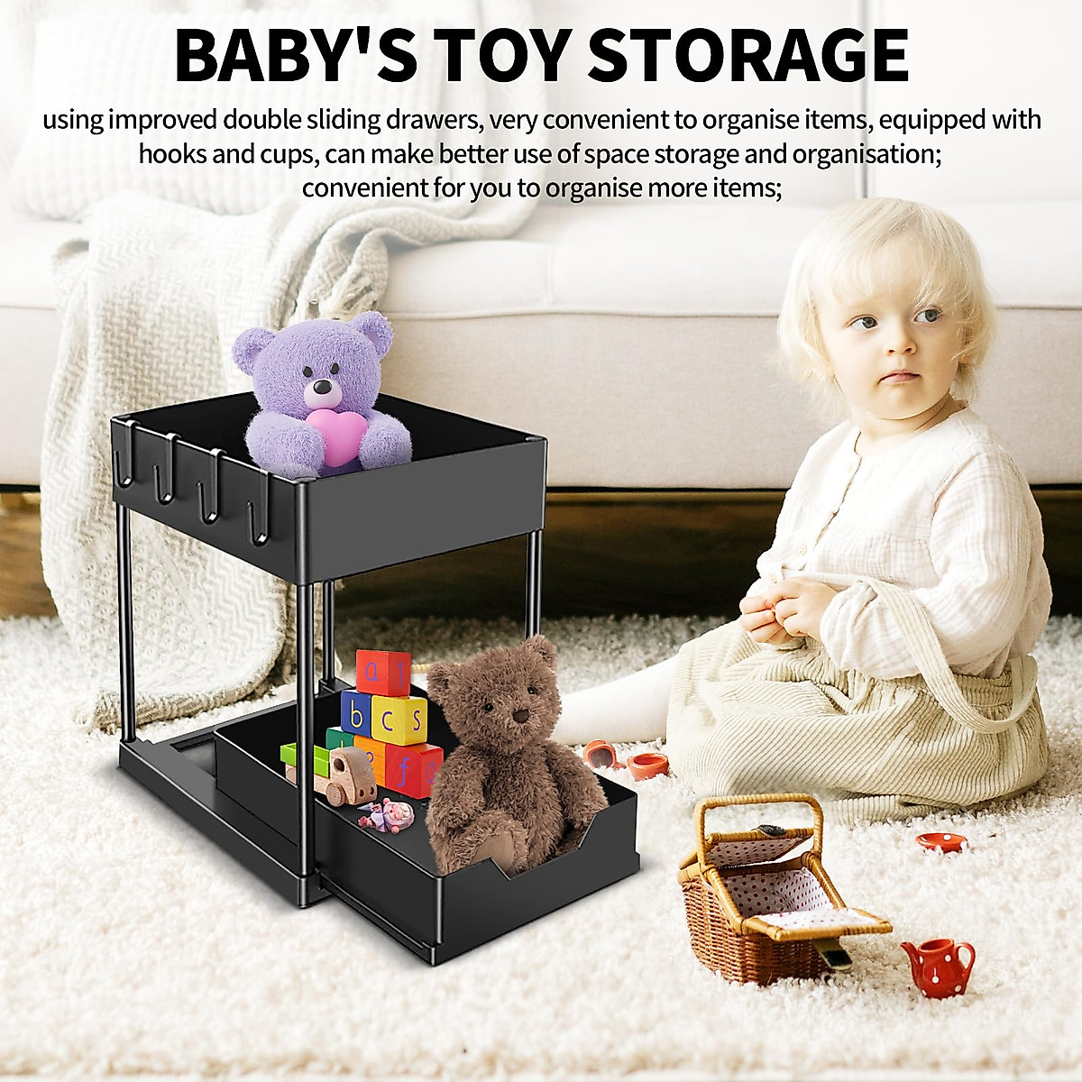 Kitchen Multi-Purpose Sink Organiser, Under Drawer Organiser, Under Sink Storage, 2 Tier Under Cabinet Organiser with Hooks and Cups, Cupboards, Bathrooms and Kitchens, Black