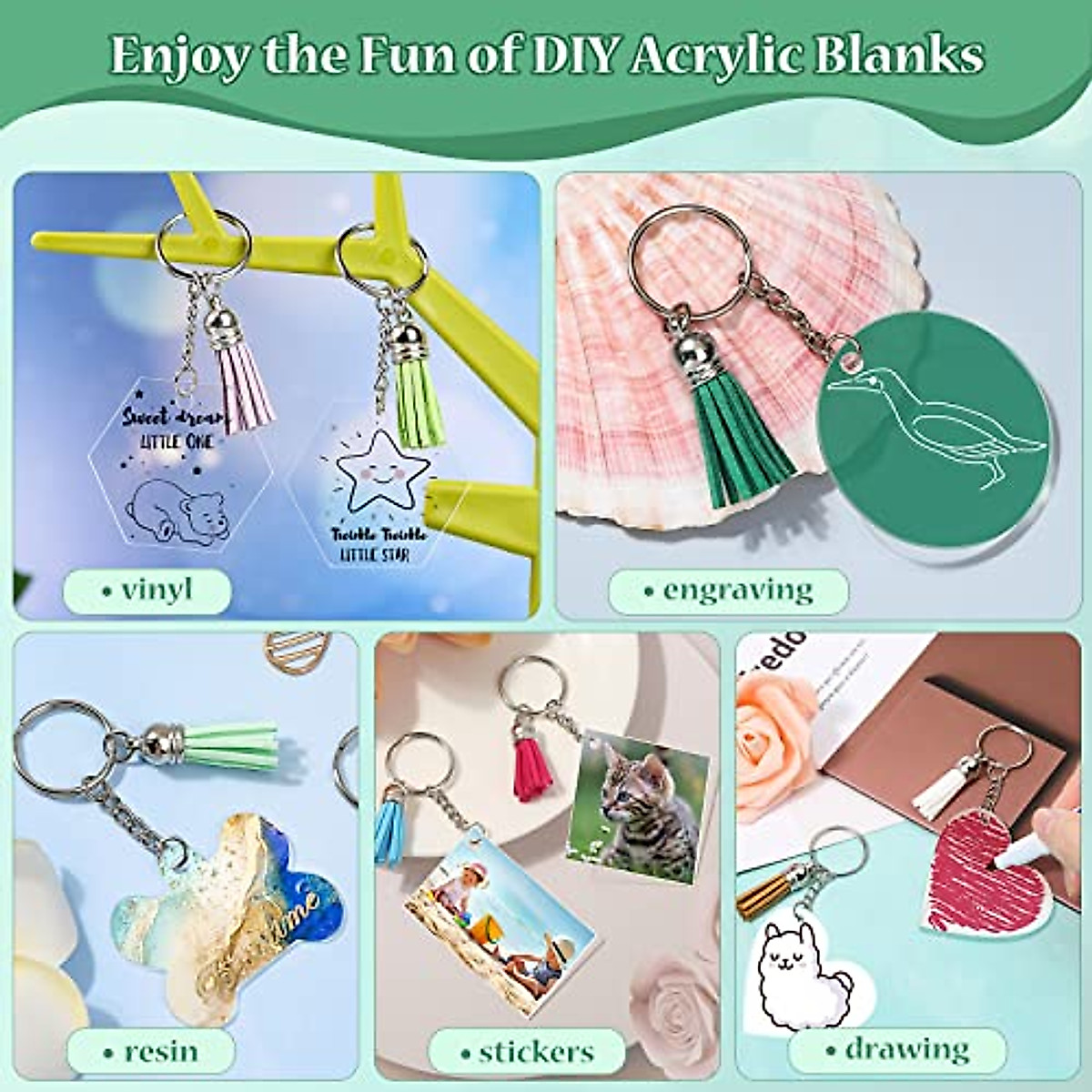 300 PCS Clear Acrylic Keychain Blanks, 6 Shapes Wholesale Acrylic Blanks Leather Tassel Charms Key Chains Jump Rings for Vinyl Resin DIY Crafts Ornament Engrave (Round Heart Square Rectangle Bone)