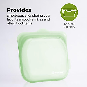 BlendQuik, Reusable Silicone Food Storage Bags, 1000 ml Capacity, Leak Proof Freezer Silicone Bags, Easy To Clean Reusable Travel Bag, Green