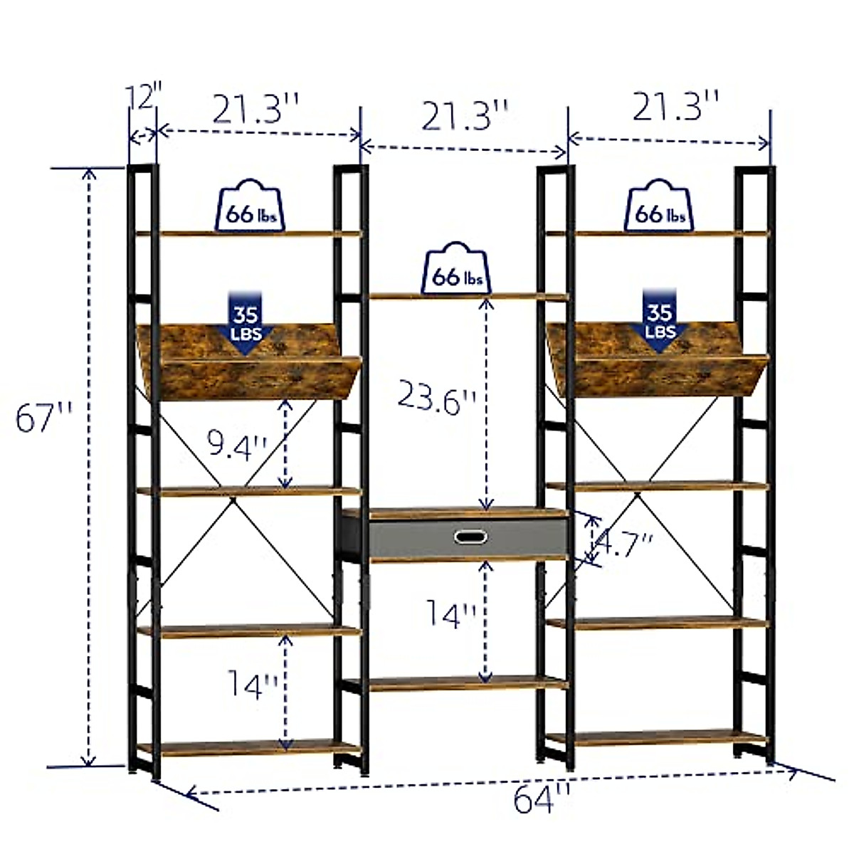 NUMENN Triple Wide 5 Tier Bookshelf, Adjustable Rustic Industrial Style Book Shelves, Modern Bookcases and Bookshelves Furniture for Bedroom, Living Room and Home Office, Vintage Brown