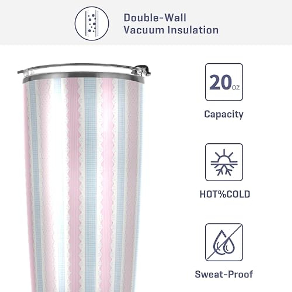 Amooorous Blue and Pink Cute Lace Stripes Stainless Steel cups with lids reusable Leak-proof Lid and Straw mugs for coffee for travel safe tumblers with lids vaso para cafe 20oz