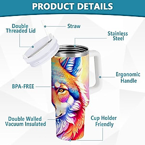 ODAWA 40oz Colorful Wolf Water Tumbler with Handle and Straw, 2 in 1 Lid Vacuum Insulated Tumbler
