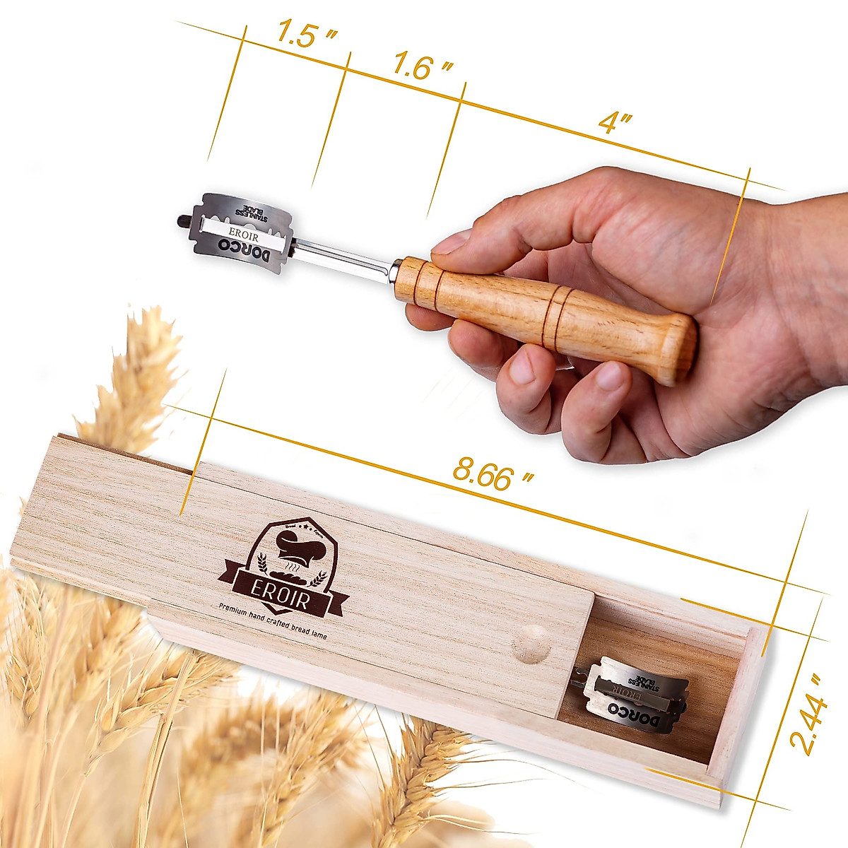 EROIR Hand Crafted Bread Lame Dough Scoring Tool in Wooden Storage Box for Sourdough Bread Baking - Dough Scoring Knife with 10 Extra Blades and a Protective Leather Cover