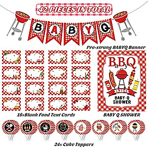 42 Pieces of BabyQ Baby Shower Party Decorations BabyQ Banner BabyQ Bar Sign Picnic Party Decorations BabyQ Food Tent Cards Label for Gender Reveal Picnic Barbecue Baby Shower Birthday Party Supplies