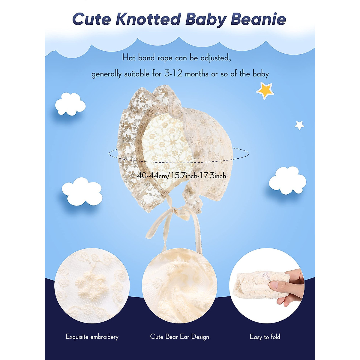 Unittype 2 Pieces Baby Girl Lacy Bonnet Eyelet Lace Christening Bonnet Cap Toddlers Beanie Breathable Sun Protection Hat White,40- 44cm 16.5-17.3 inches in head circumference