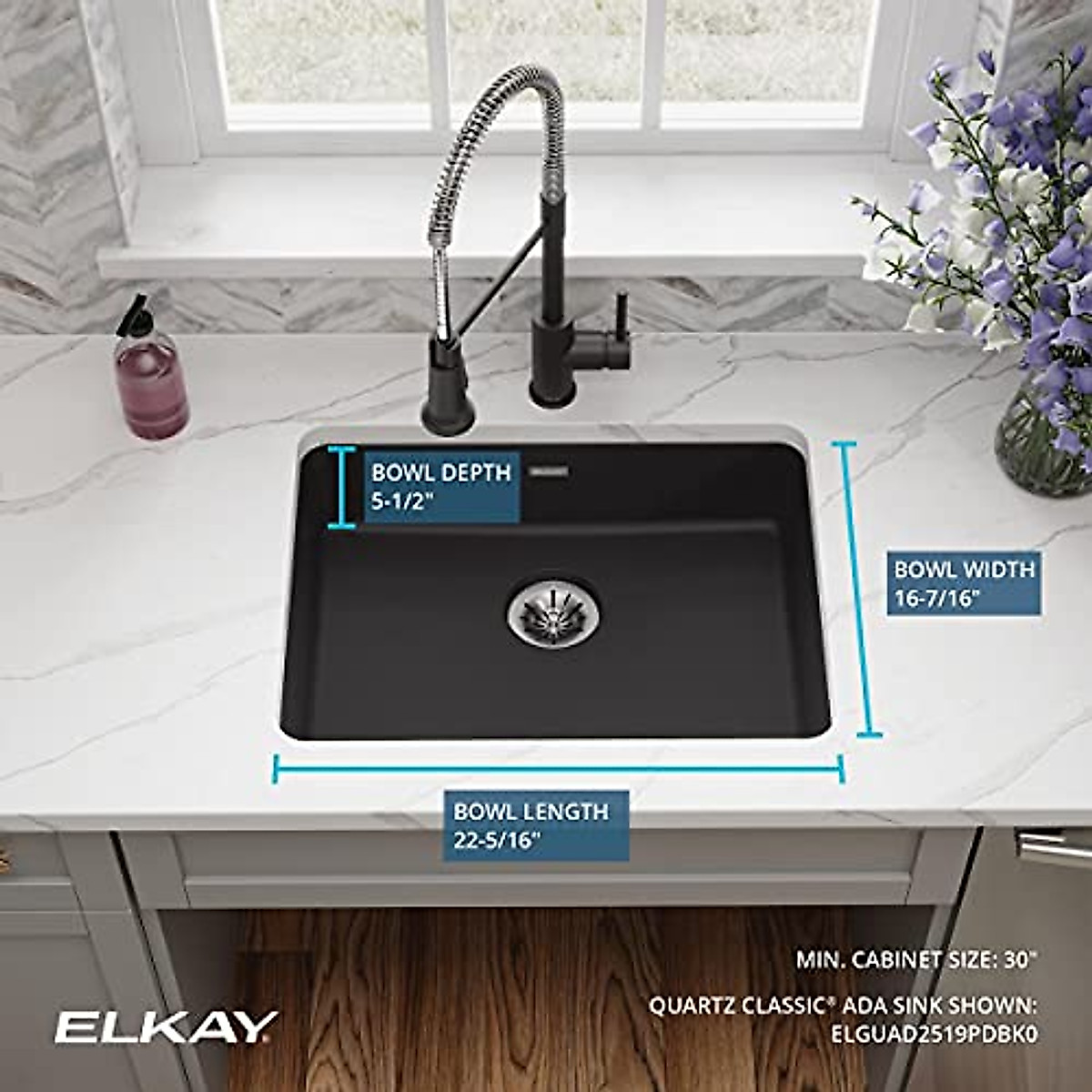 Elkay Quartz Classic ELGUAD2519PDBK0 Black Single Bowl Undermount ADA Sink with Perfect Drain