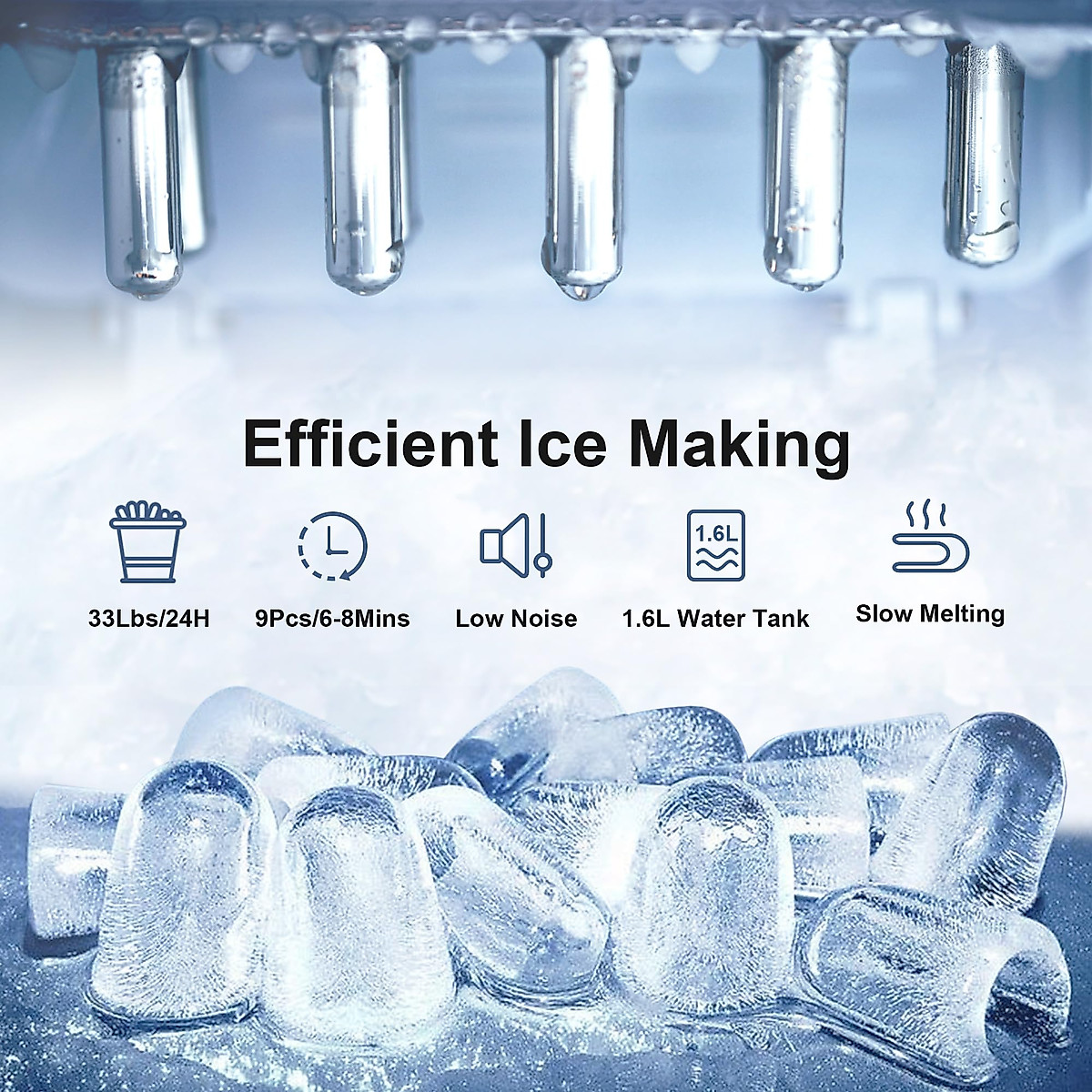 Greatrue Countertop Ice Maker, 9 pcs/6 mins, 2 Sizes, 33 lbs/Day, Self-Cleaning Portable Ice Maker with Ice Scoop and Basket for Home/Camping/Kitchen/Party (Stainless Steel)