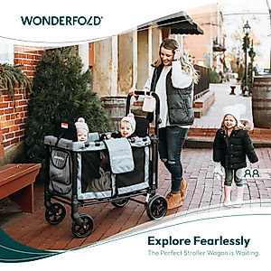 WONDERFOLD W2 Original + Stroller Wagon (2 Seater) - Collapsible Wagon Stroller with Seats with 5-Point Harnesses, Easy-Access Door, and Adjustable Sun Canopy, Black