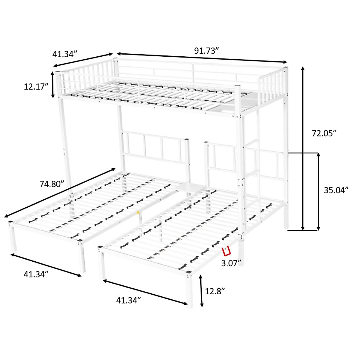 DEYOBED Twin Over Twin&Twin Metal Detachable Triple Bed Bunk Bed with Headboard for 3 Kids Teens