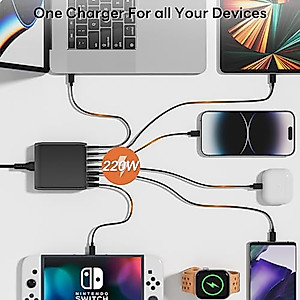USB C Charger Block, 220W 7-Port Desktop Charging Station, 65W Laptop Charger Compatible with MacBook Pro/Air,iPad Series,iPhone 14 13 12 Pro Max Samsung Galaxy Note