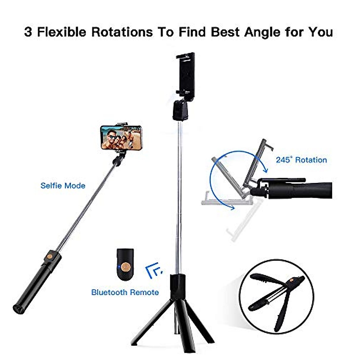 HEHUI Selfie Stick Tripod Stand Holder Extendable with Bluetooth Remote Compatible with Samsung Galaxy S7/7 Plus /S8/8 plus/S9/9 Plus iOS and Android Cellphone/Phone X/Phone 8/8 Plus