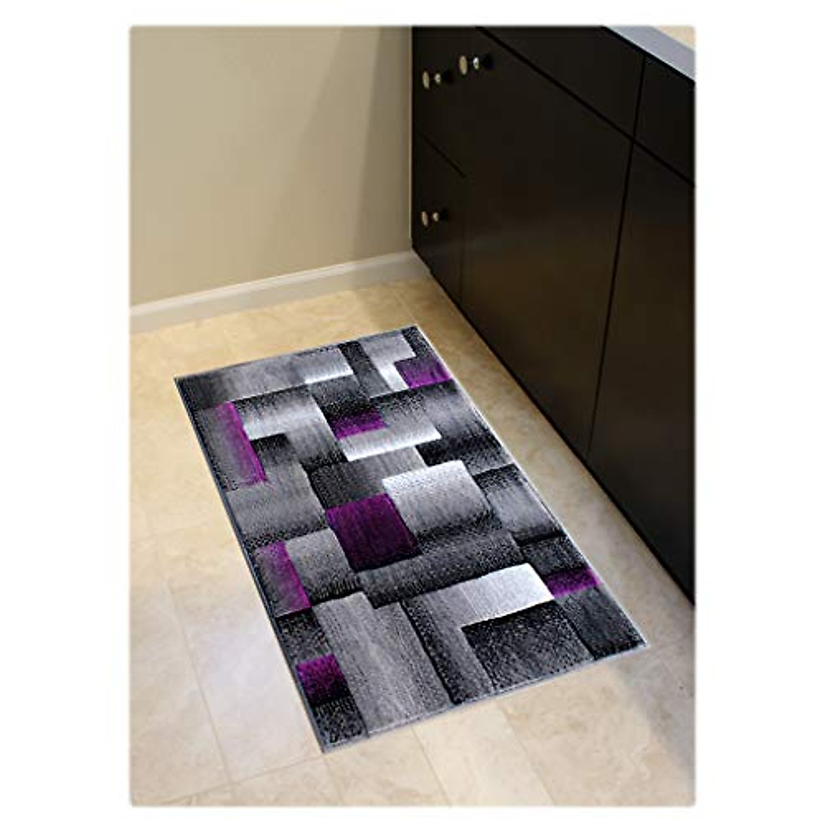 Masada Rugs, Modern Contemporary Area Rug, Purple Grey Black (2 Feet X 3 Feet) Mat
