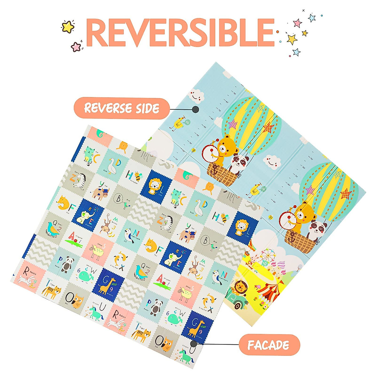 Baby Play Mat, 79 x 71 x 0.4 Inch Folding Baby Crawling Mat, Waterproof Reversible Playmat for Baby Infants Toddlers, Foam Play Mat for Indoor Outdoor Use (Animal Party)