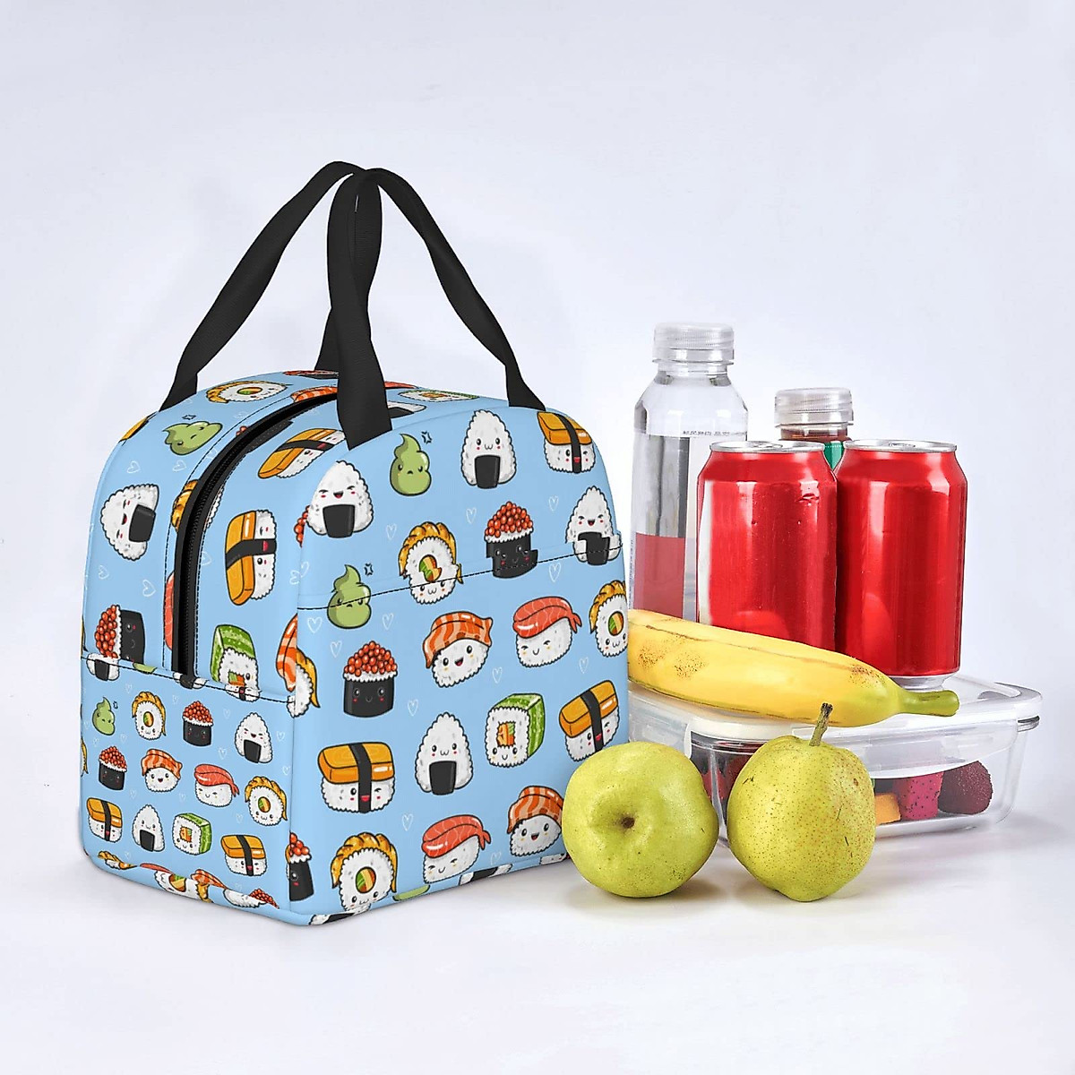 Echoserein Kawaii Japanese Sushi Blue Lunch Bag Insulated Lunch Box Reusable Lunchbox Waterproof Portable Lunch Tote For Women Men Girls Boys