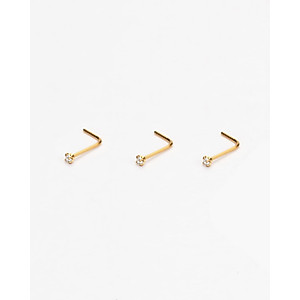 FANSING 3pcs 22g 1.5mm Clear CZ Nose Rings 22 Gauge Nose Studs L Shape Nose Rings Studs for Women Gold Plated Surgical Steel Nostril Piercing Jewelry