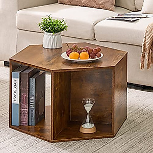 BEWISHOME Hexagonal Small Coffee Table with Open Storage, Multifunctional Faceted Top End Table, Natural Wood Modern Nightstand Brown for Living Room Bedroom and Home Office KLZ03Z