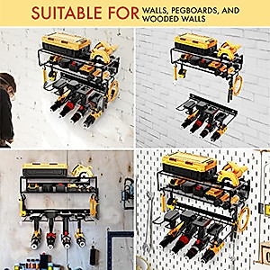 PITCH + PULSE Power Tool Organizer, Garage Tool Storage Organization, Drill Holder Racks Wall Mount Floating Shelf Set for Workshop Shed Pegboard Fitted