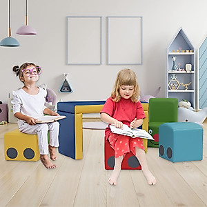 Kinsuite Kids Sofa Set - 5 Pcs PVC Leather Foam Toddler Lightweight Wooden Frame Cartoon Chair & Stools for Nursery School Daycare Kingdom Home Activity Room