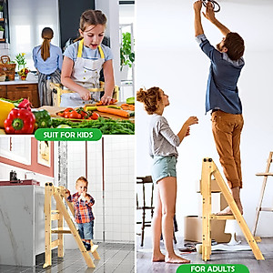 Toddler Tower Foldable - Kids Kitchen Step Stool with 3 Adjustable Heights & Safety Rail, Montessori Tower with Chalkboard for Learning, Standing Tower Helper Stool for Kitchen Counter Sink (Natural)