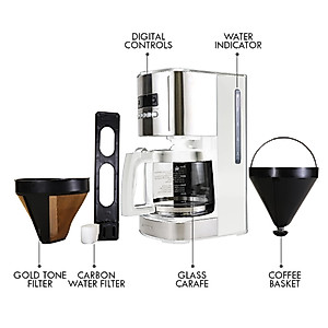 Kenmore Coffee Maker 12 cup Drip Coffee Machine Programmable Aroma Control Glass Carafe Reusable Filter Timer Digital Display Charcoal Water Filter Regular Bold Stainless Steel and White