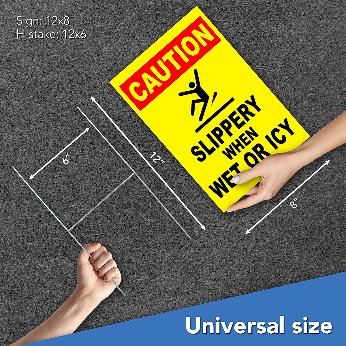 Caution Slippery When Wet or Icy - 8 x 12 Double Sided Coroplast Warning Slippery When Wet Sign - Caution Ice Sign - Caution Wet Floor Sign Yellow