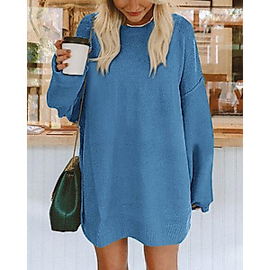 BTFBM 2025 Womens Sweaters Casual Crewneck Long Sleeve Oversized Sweater Dress Fall Winter Loose Slouchy Soft Pullover(Solid Blue, Large)