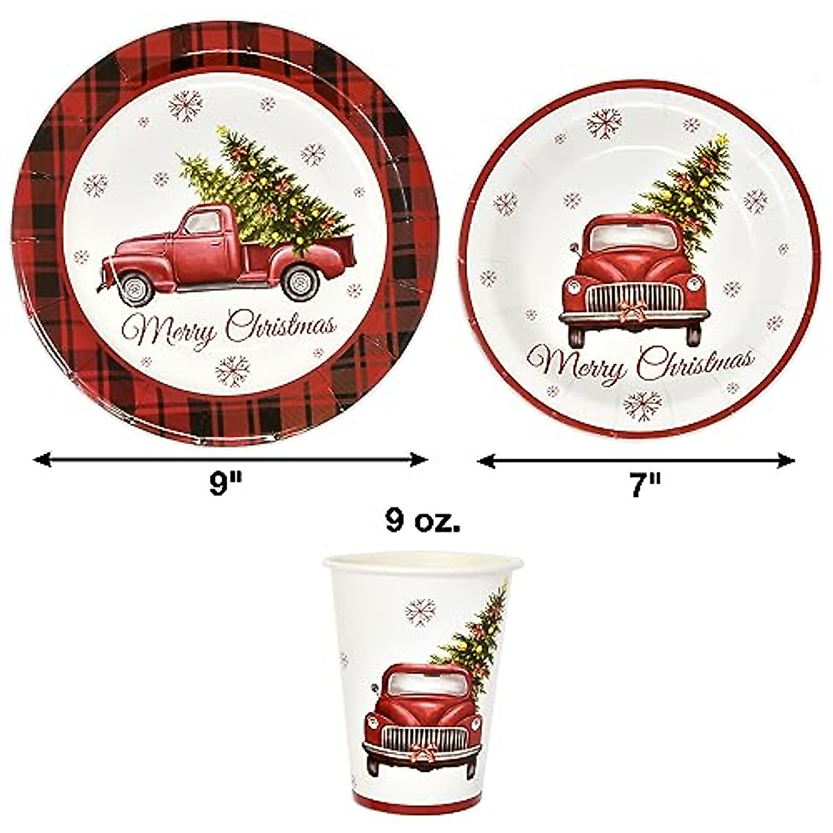 Gift Boutique Christmas Red Truck Party Supply Table Set 24 9" Dinner Plate 24 7" Plate 24 9 Oz Cups 24 Lunch Napkin for Xmas Pickup Trucks with Tree & Buffalo Plaid Disposable Paper Dinner Décor