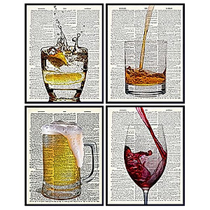 Upcycled Bar Dictionary Wall Art Prints - Set of Four (8X10) Vintage Unframed Photos - Perfect Gift for Game Room, Bar, or Man Cave Decor - Wine