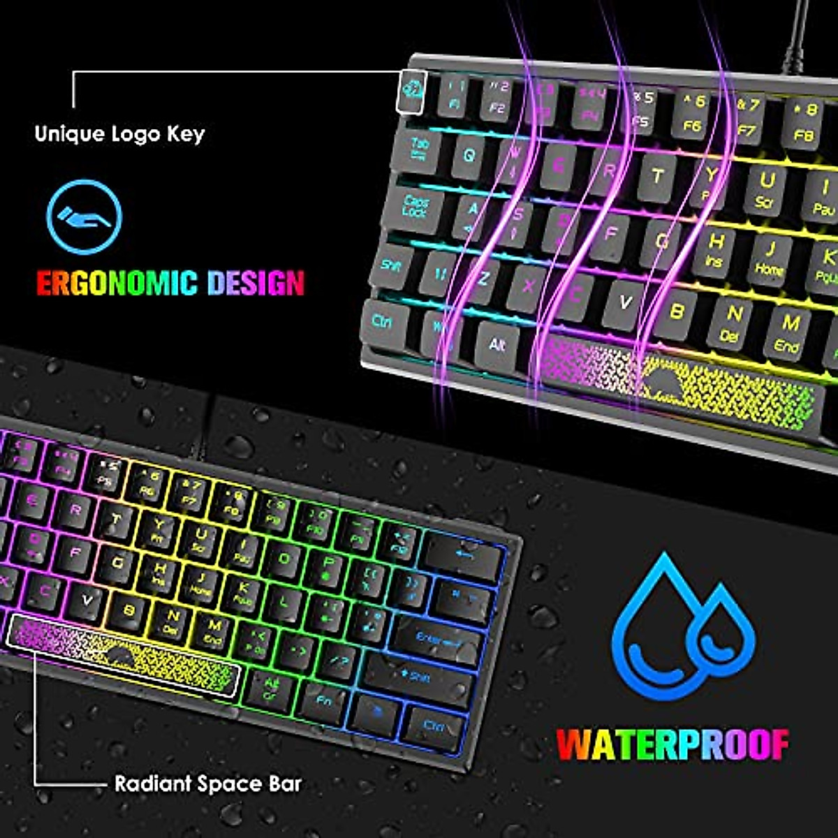 Gaming Keyboard and Mouse Combo Mini Portable with Chroma RGB Backlit Ergonomic 62Key Layout 19Key Anti-ghosting Mechanical Feel 3200DPI Honeycomb Mice USB Wired for PC Mac Gamer Laptop Typists(Black)