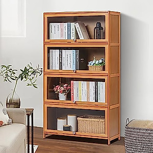 Magshion Bamboo 4-Tier Display Case Bookcase with Clear Acrylic Flip-Up Doors, Wide Brown Kitchen Cabinet Storage Pantry Cabinet Showcase Storage Cabinet Organizer - 31" L x 12.5" W x 54.5" H