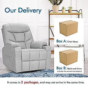 Giantex Swivel Rocker Recliner Chairs with Massage and Heating, 360 Degree Swivel Single Sofa w/Remote Control, 4 Pockets & 2 Cup Holders, Glider Chair for Nursery Living Room Bedroom (Grey)