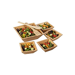 KITCHEN Affections | Bamboo Bowl Set | 5pc Square Bowl Set with Serving Utensils | Wood Dinnerware | Eco Friendly Bowls