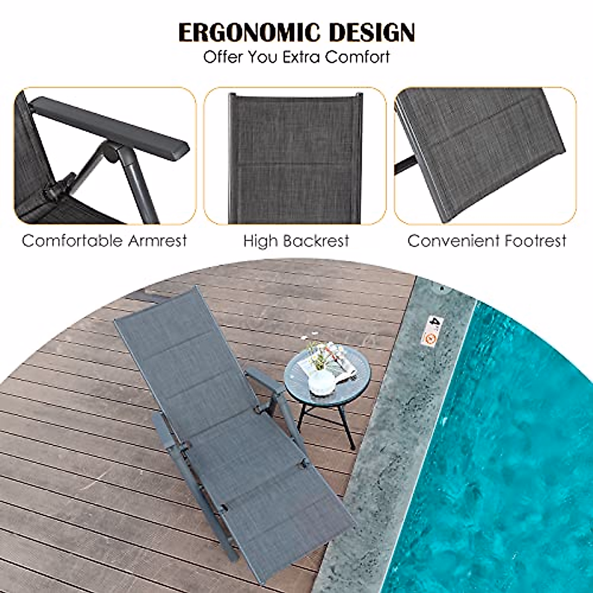 Giantex Reclining Patio Chairs 7 Positions Adjustable Backrest Outdoor Folding Recliners Aluminum Frame Padded Lounge Chair Lawn Porch Furniture (1, Gray)