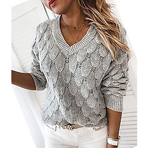 Women's V Neck Long Sleeve Pullover Sweater Lightweight Knit Sweaters Novelty Sweaters Grey