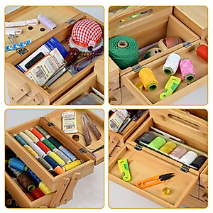 Adolfo Design Wooden Sewing Box Organizer for Sewing Supplies,Sewing Crafting Hobby Storage Box, 3 Tier Drawers for Craft Tools, Needles Assorted