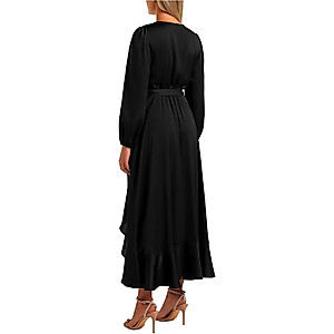 PRETTYGARDEN Women's Satin Fall Dress Semi Formal Satin Long Sleeve Wrap V Neck Ruffle Belted A-Line Flowy Maxi Dresses (Black,Small)